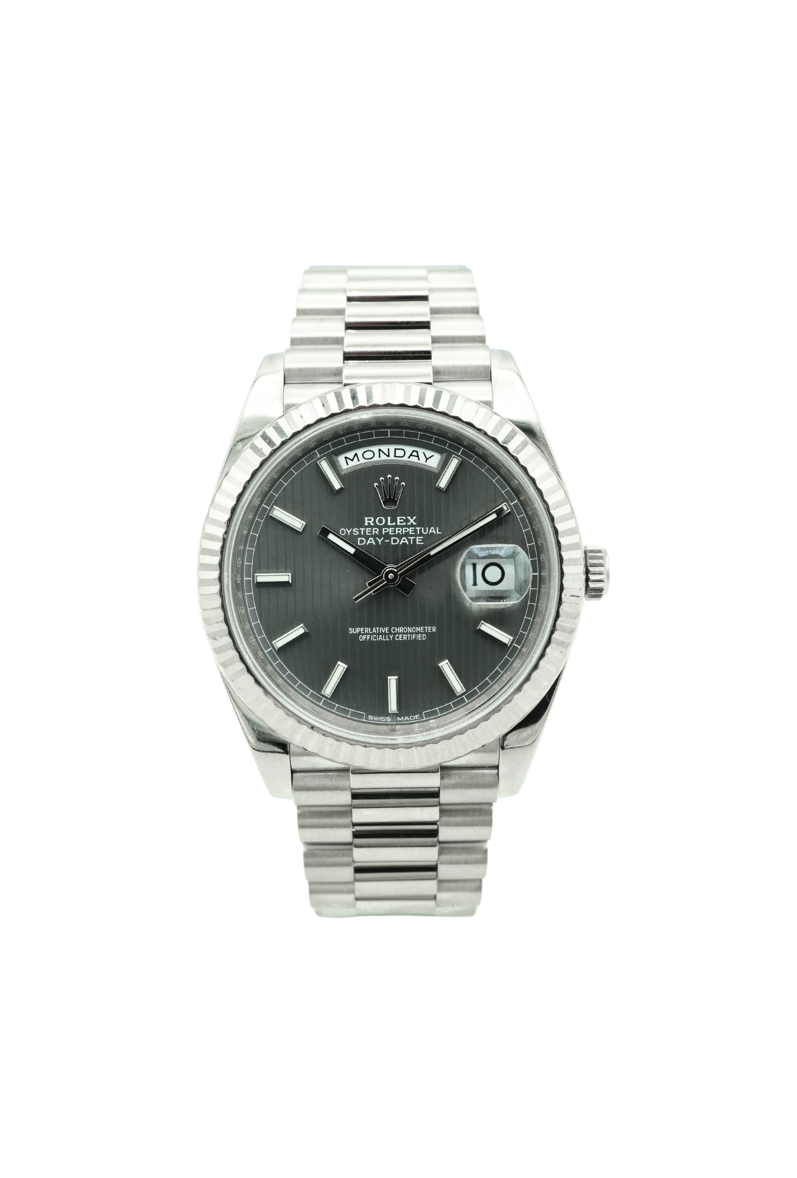Rolex 228239 Day-Date 40 mm Dark Rhodium Stripe Motif Index Dial Box a ...